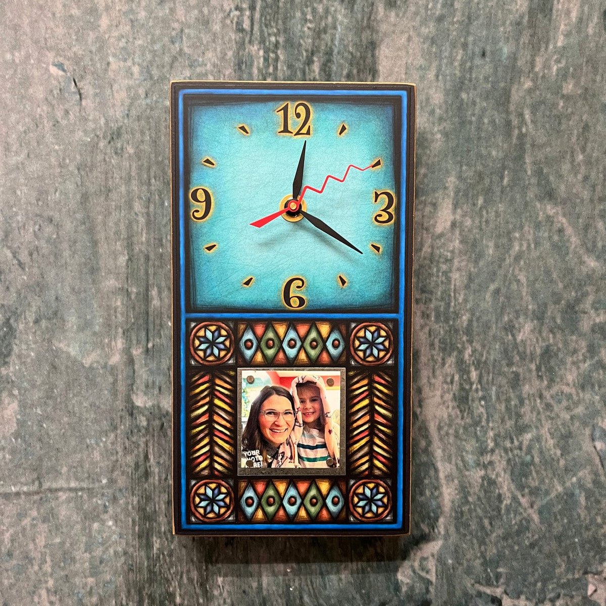 Blue Motif Frame Clock – Sticks and Steel